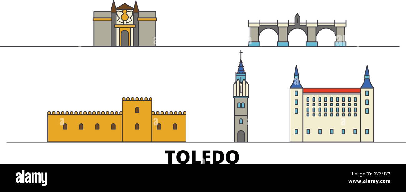 Spain, Toledo flat landmarks vector illustration. Spain, Toledo line ...