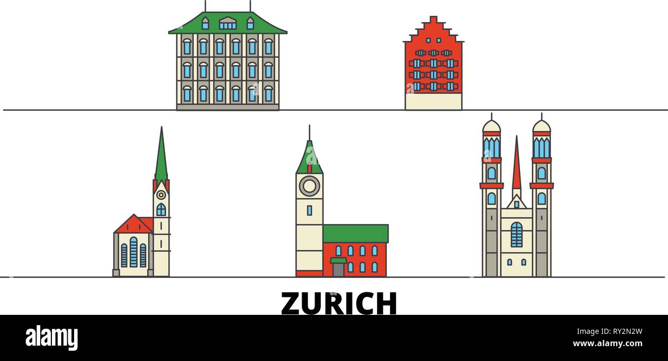 Switzerland, Zurich flat landmarks vector illustration. Switzerland ...