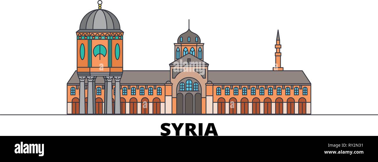 Syria flat landmarks vector illustration. Syria line city with famous ...