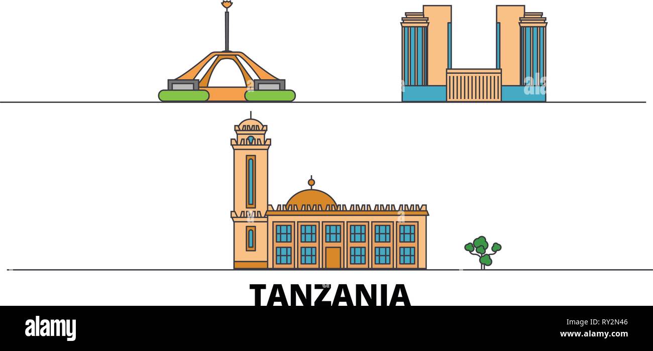 Tanzania flat landmarks vector illustration. Tanzania line city with ...