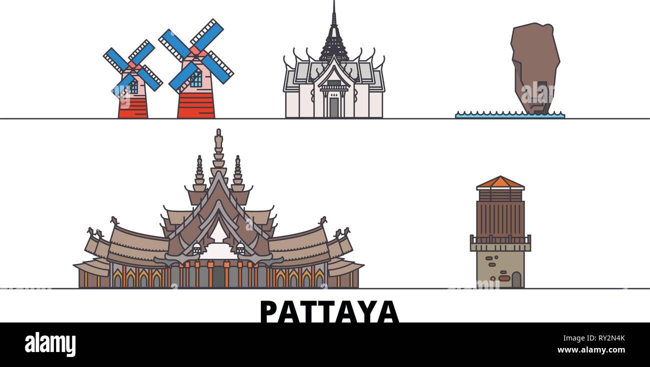 Thailand, Pattaya flat landmarks vector illustration. Thailand, Pattaya ...