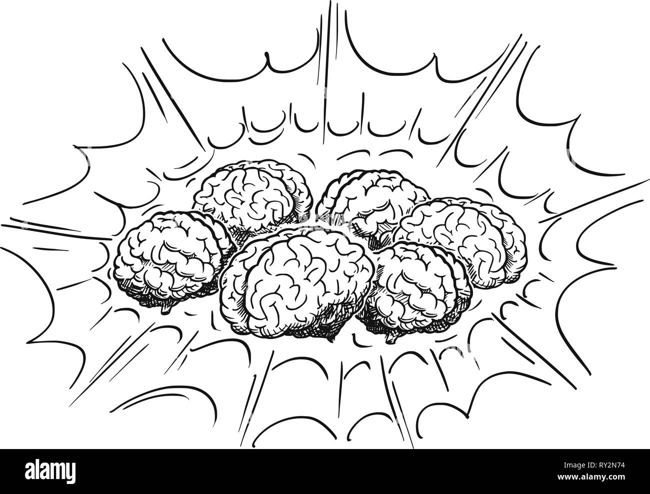 Cartoon of Group of Human Brains Thinking Together During Brainstorming ...