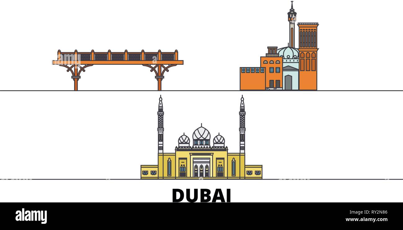 United Arab Emirates, Dubai flat landmarks vector illustration. United ...