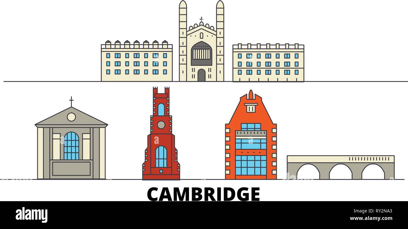 United Kingdom, Cambridge flat landmarks vector illustration. United ...