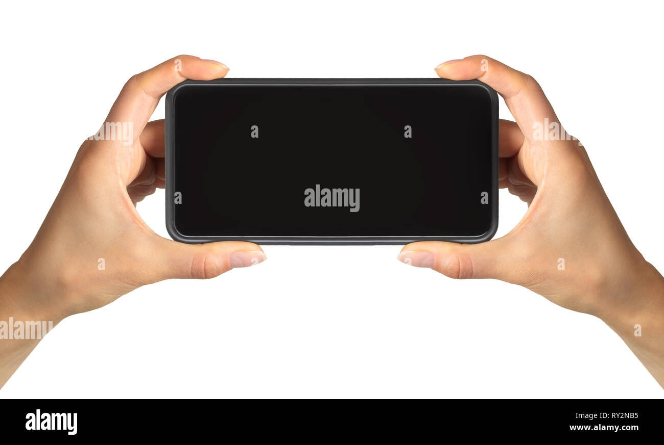 Women's hand showing black smartphone, concept of taking photo or ...