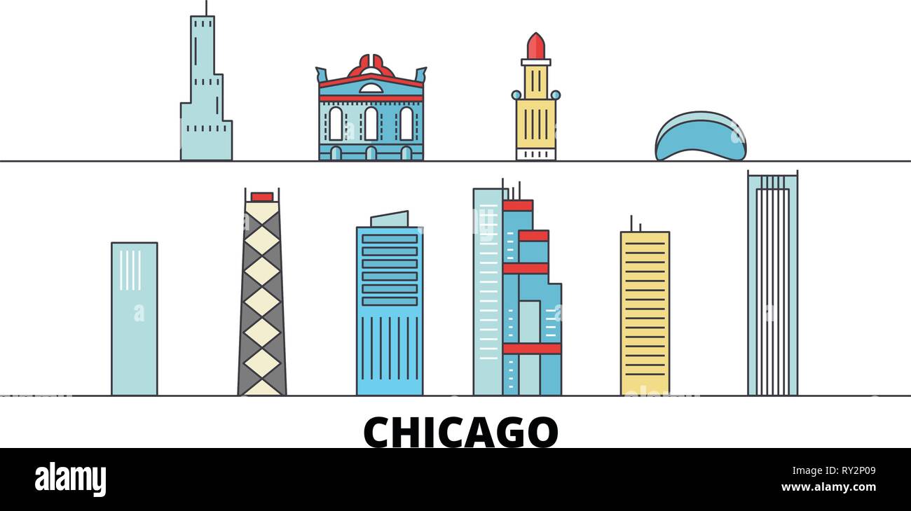 United States, Chicago flat landmarks vector illustration. United ...