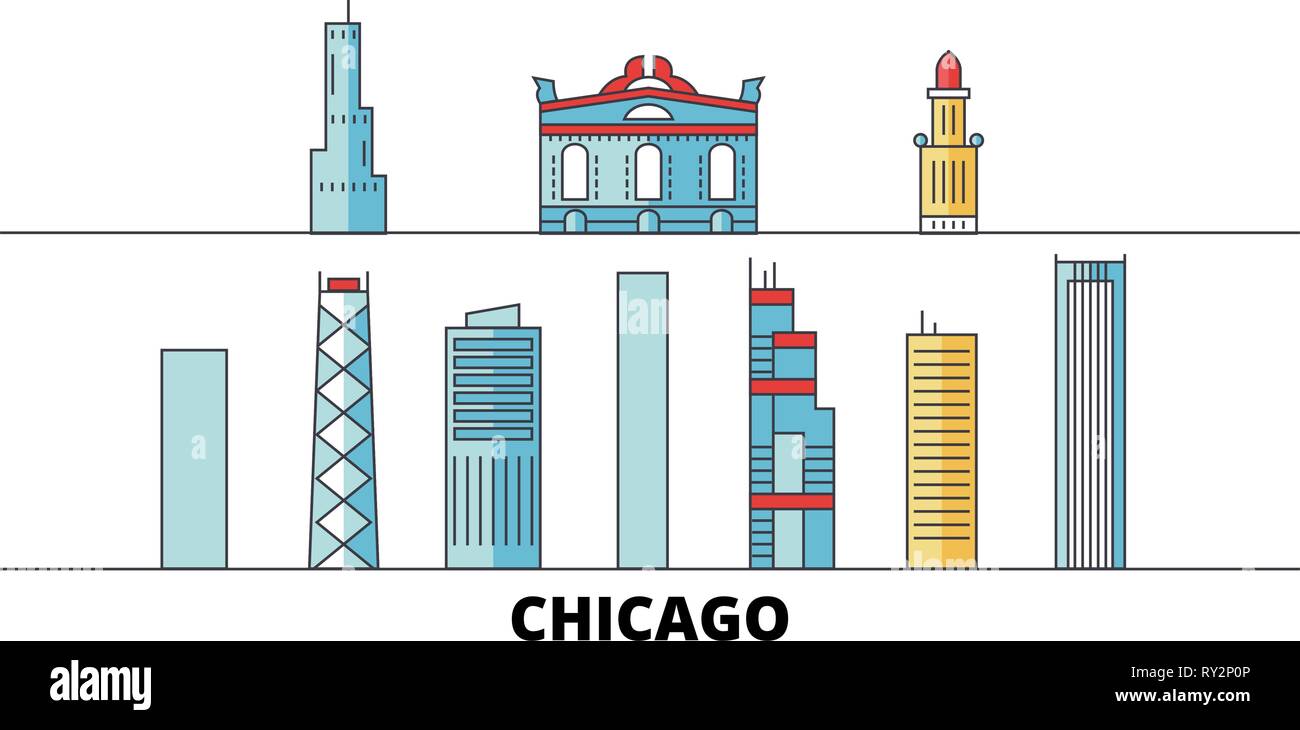 United States, Chicago City flat landmarks vector illustration. United ...