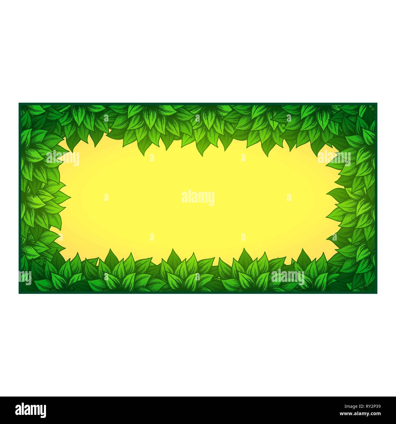 Yellow rectangle frame with green leaves isolated on white background ...