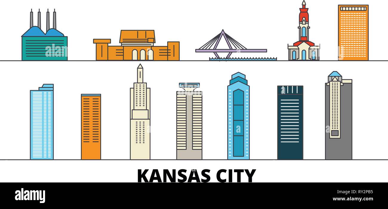 United States, Kansas City flat landmarks vector illustration. United ...