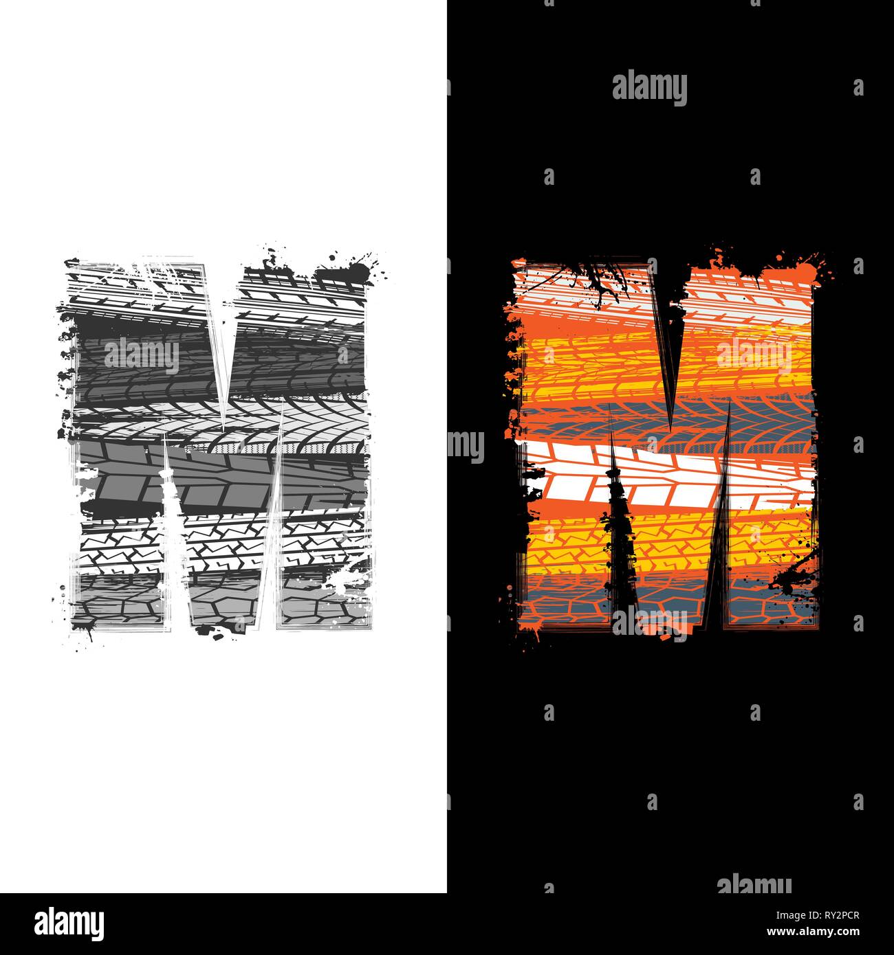 Two grunge letter M with tire tracks isolated on differennt backgrounds ...