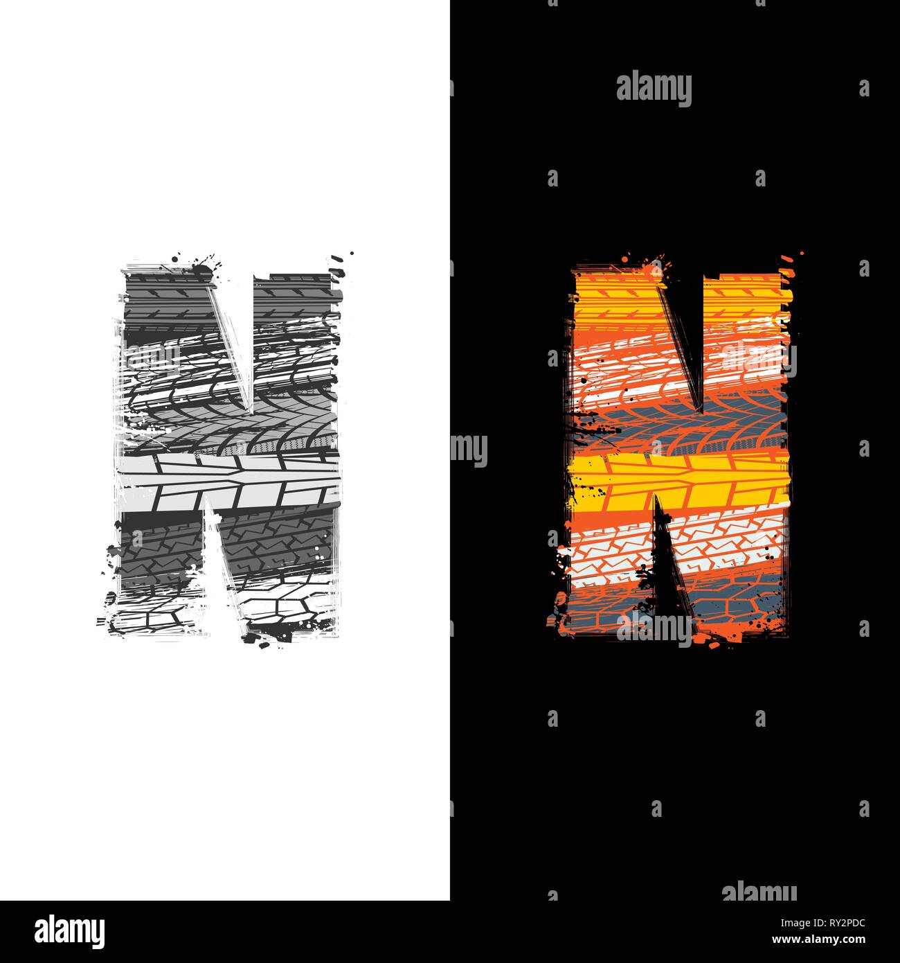Two grunge letter N with tire tracks isolated on differennt backgrounds ...
