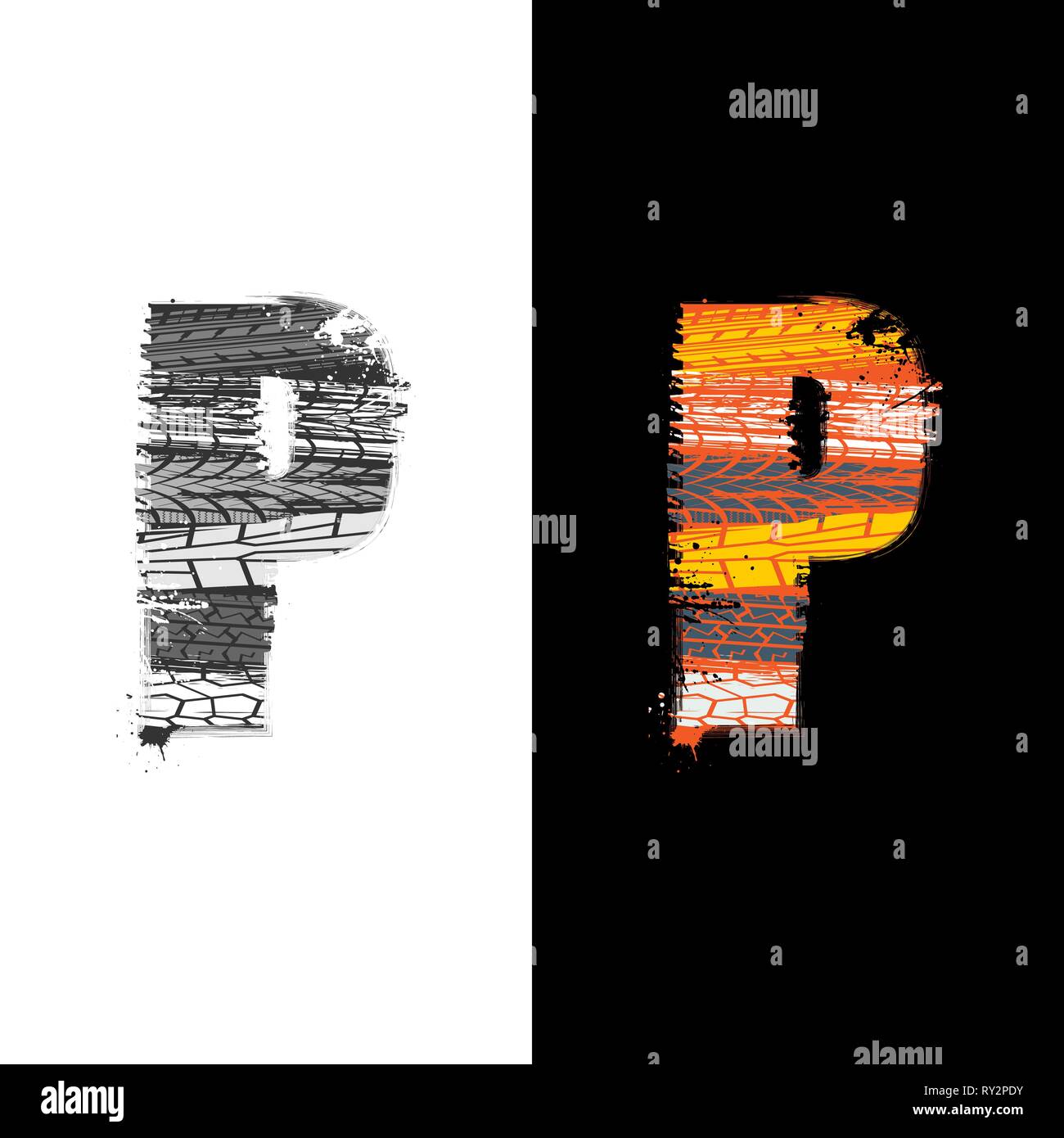 Two grunge letter P with tire tracks isolated on differennt backgrounds ...