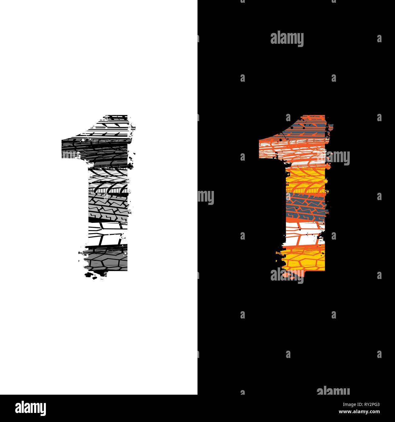 Two grunge number 1 with tire tracks isolated on differennt backgrounds ...