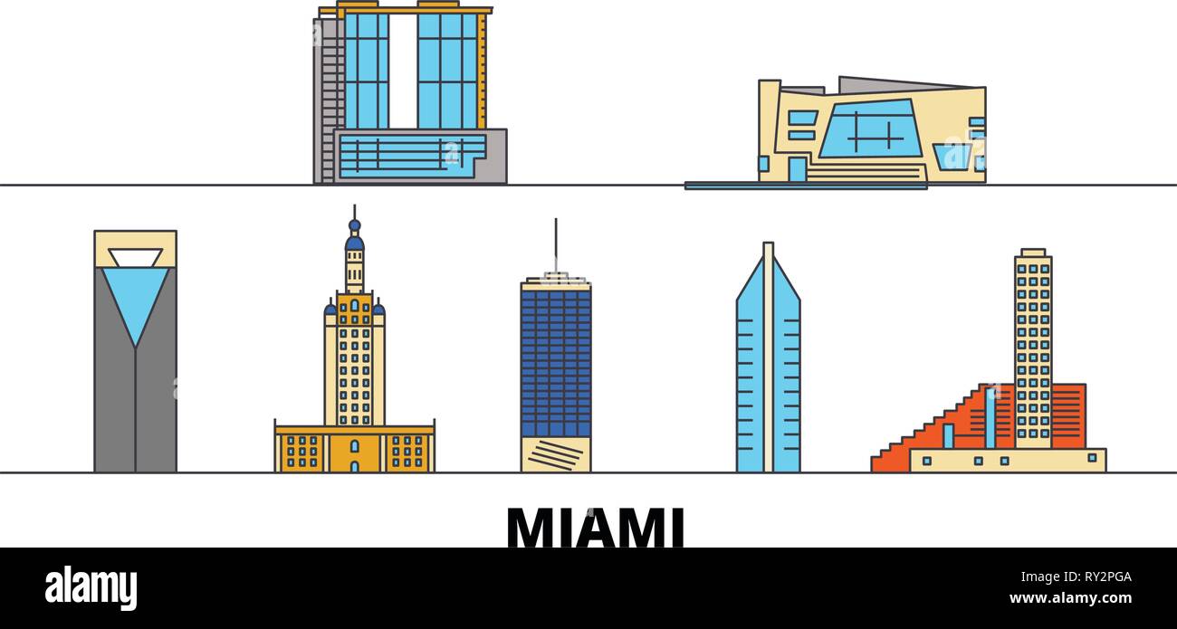 United States, Miami flat landmarks vector illustration. United States ...