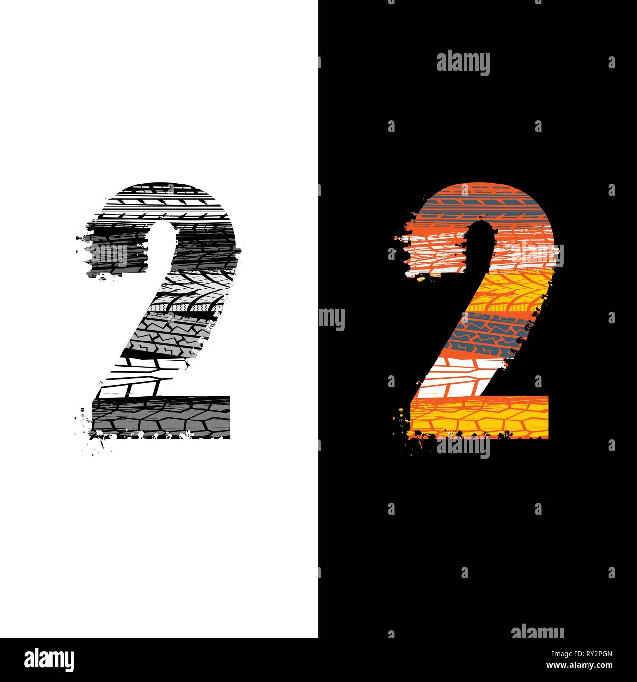 Two grunge number 2 with tire tracks isolated on differennt backgrounds ...