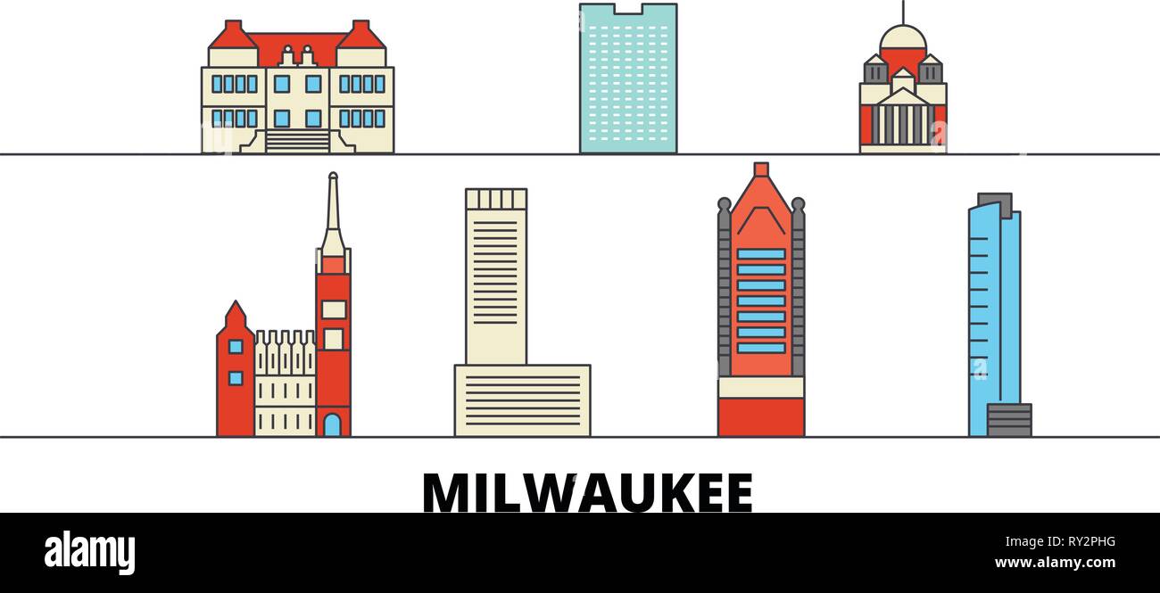 United States, Milwaukee City flat landmarks vector illustration ...