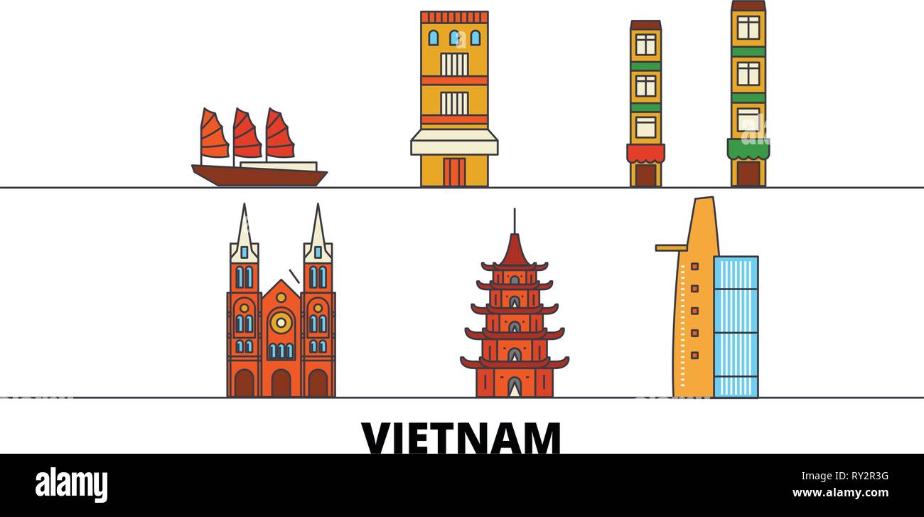 Vietnam flat landmarks vector illustration. Vietnam line city with ...