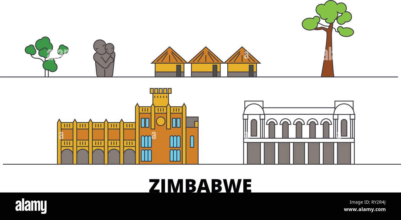 Zimbabwe flat landmarks vector illustration. Zimbabwe line city with ...