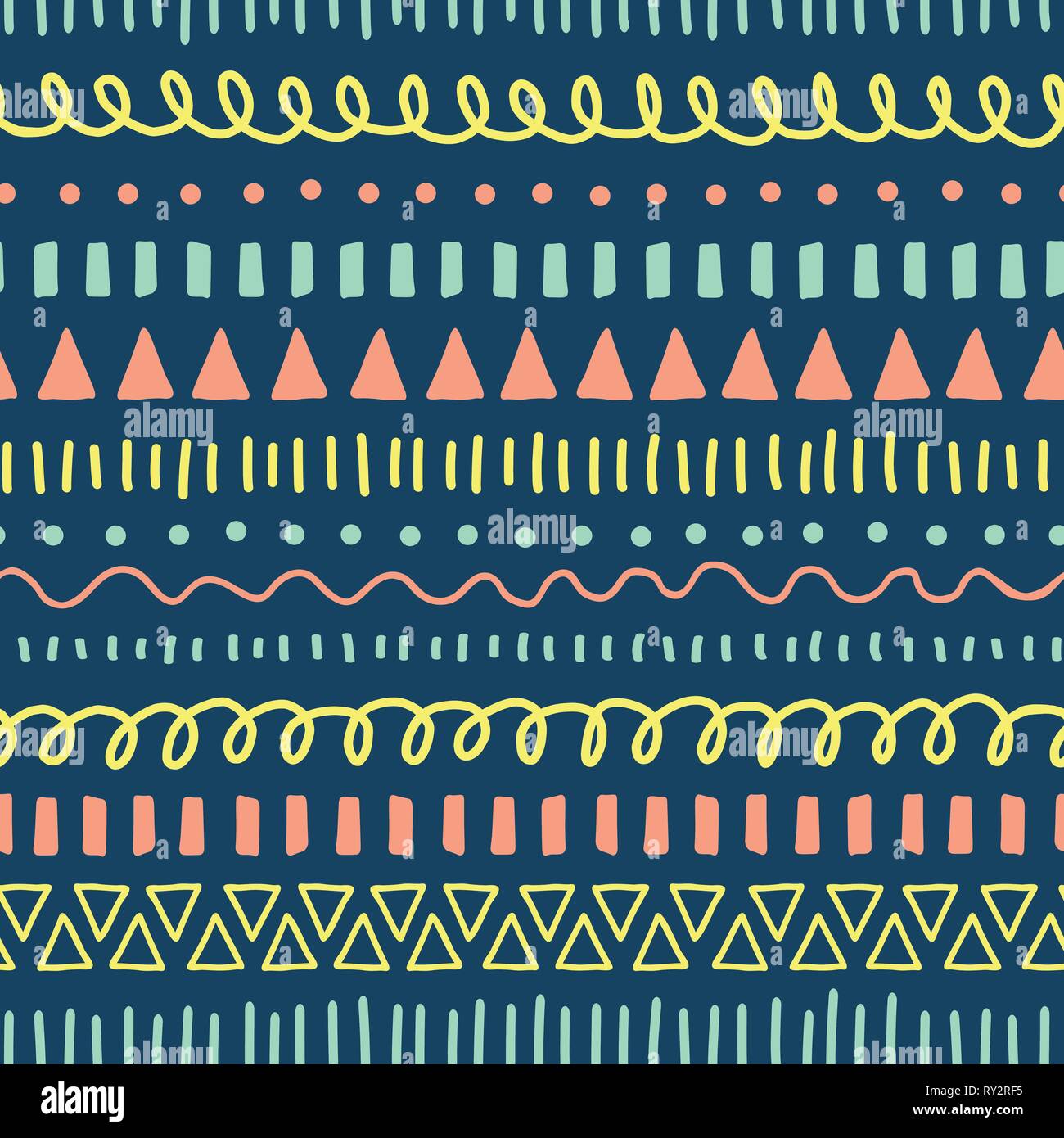 Doodles seamless vector pattern. Ethnic and tribal style background coral pink, blue, yellow ...