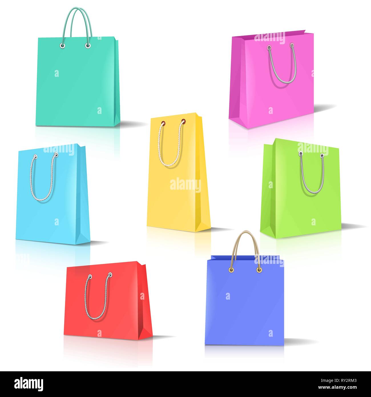 Realistic pack for shop. Empty paper reusable color bag for carrying ...