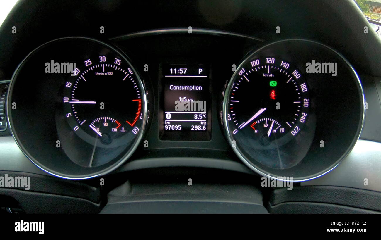 A modern dashboard of a new car with the numbers and scales on the ...