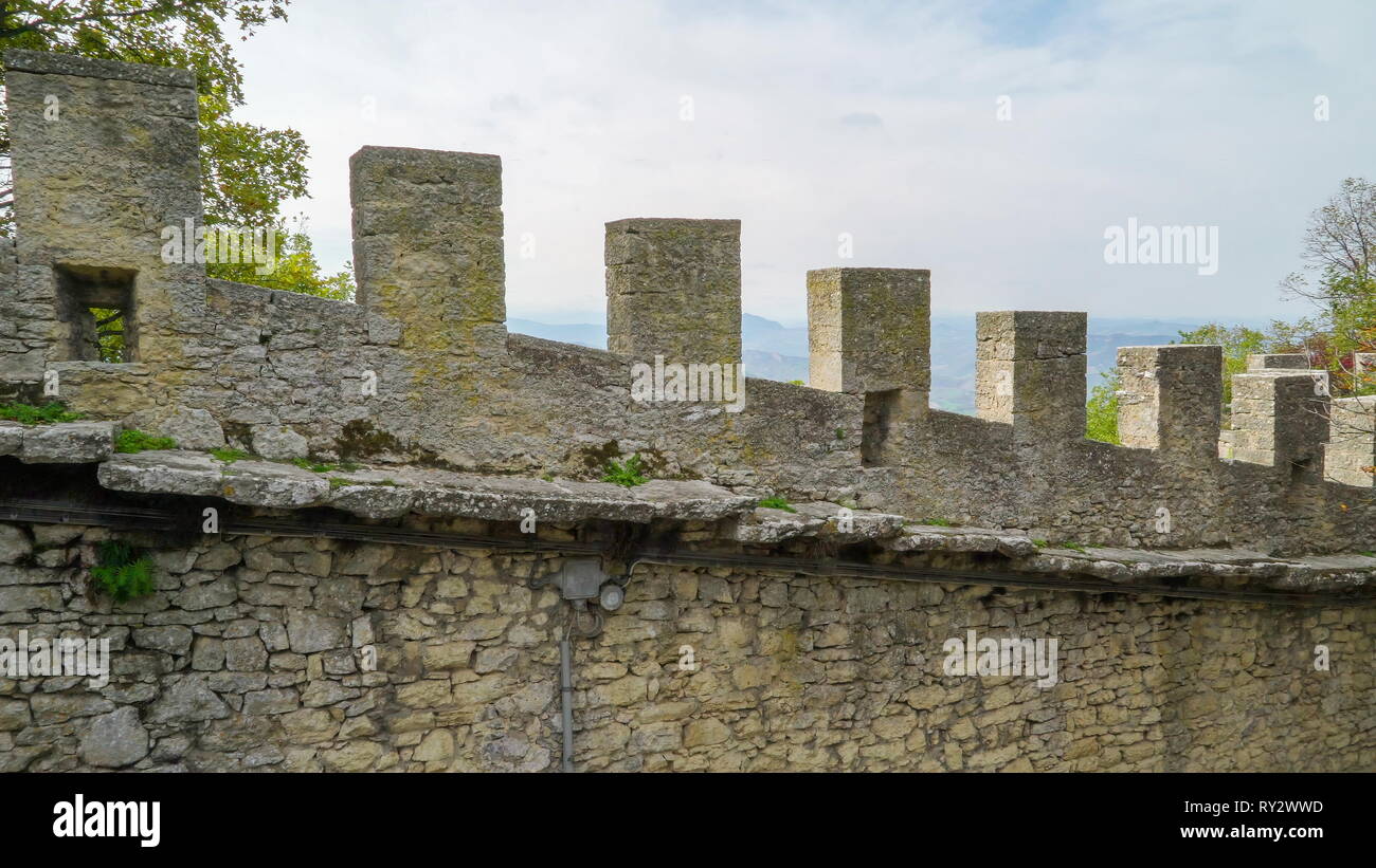 The wall of the Montale tower in San Marino. Montale is one of three ...
