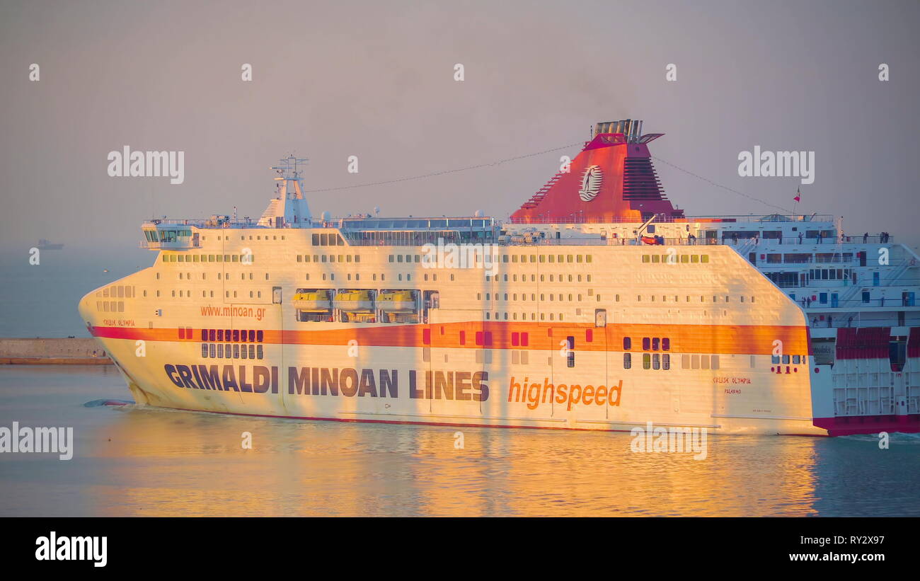The Grimaldi Minoan Lines ferry ship about to depart on the port in ...