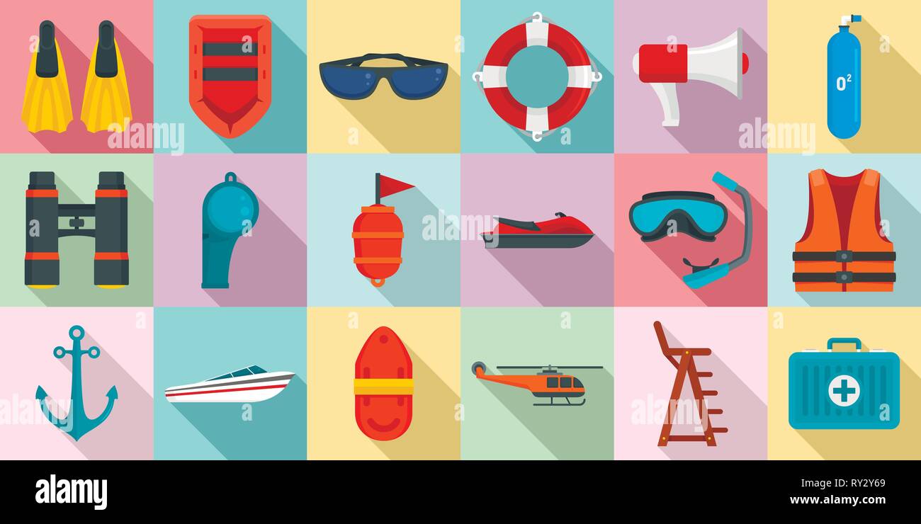 Sea safety icons set. Flat set of sea safety vector icons for web ...