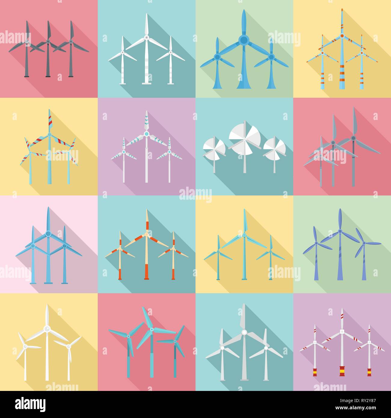 Wind turbine icons set. Flat set of wind turbine vector icons for web ...