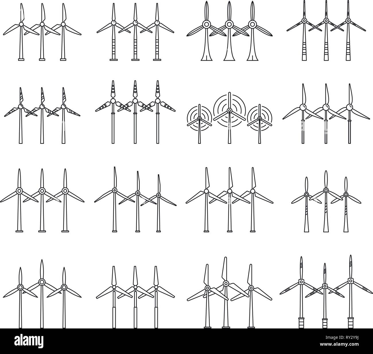 Electric wind turbine icons set. Outline set of electric wind turbine ...