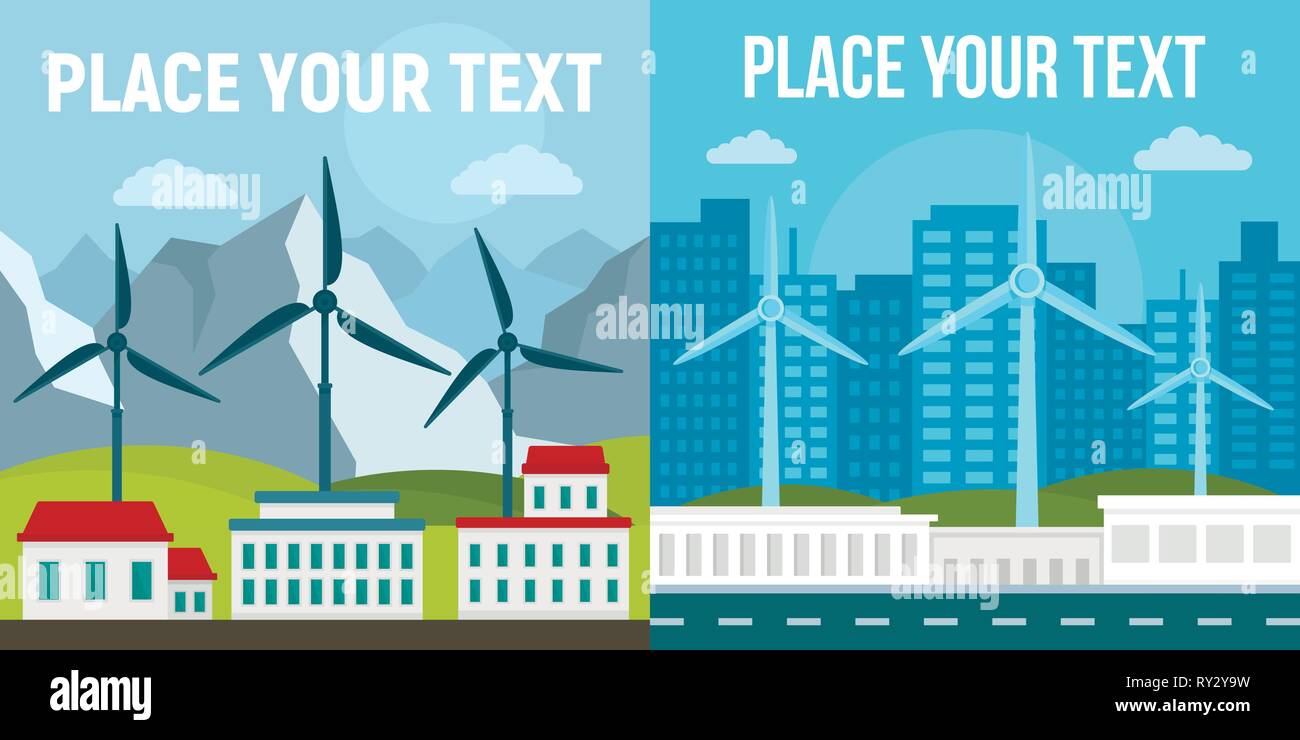 City wind turbine banner set. Flat illustration of city wind turbine ...