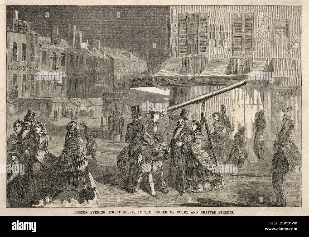 Boston Evening Street Scene, at Corner of Court and Brattle Streets ...