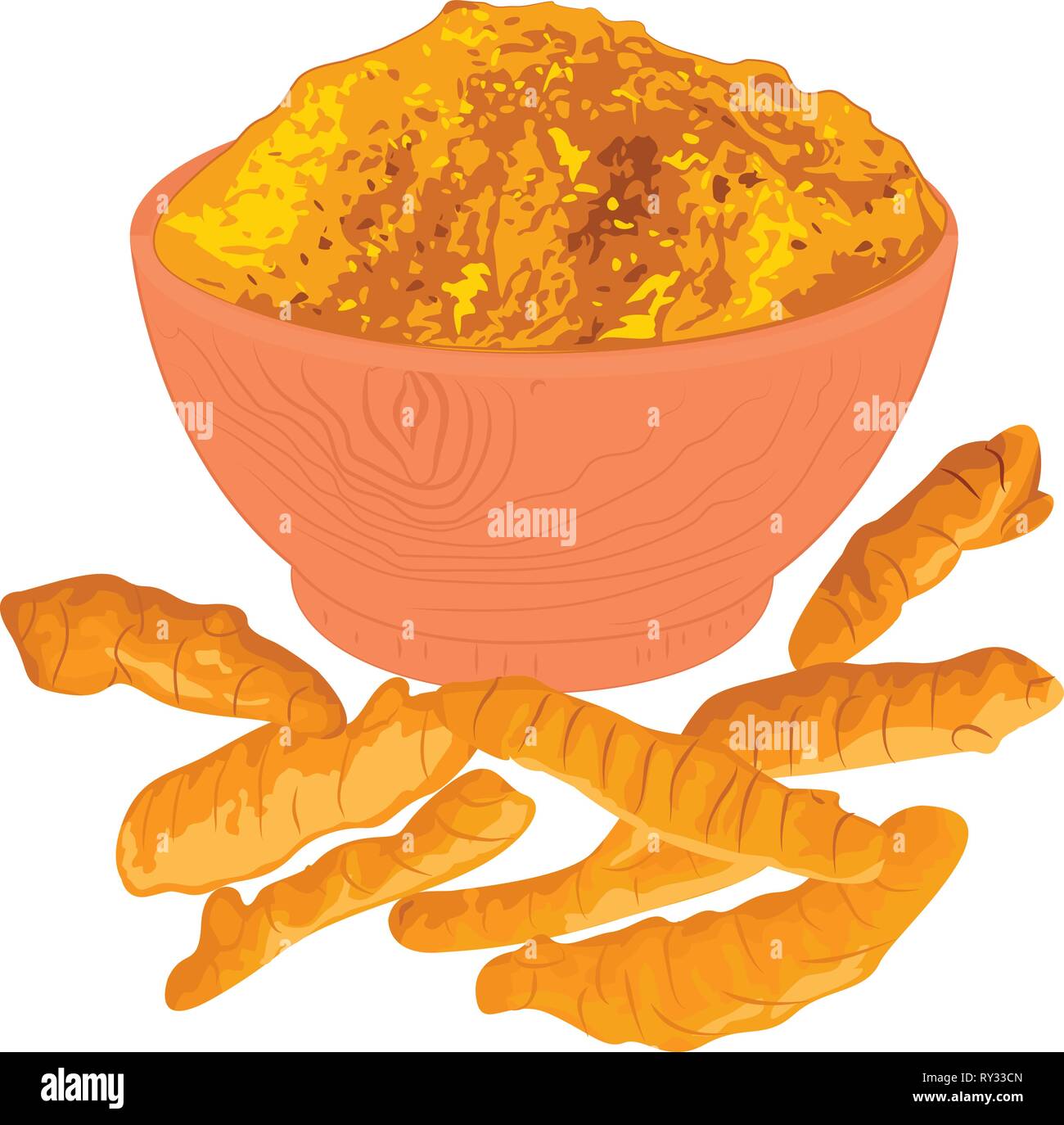 Turmeric roots and powder in in a bowl on a white background vector ...