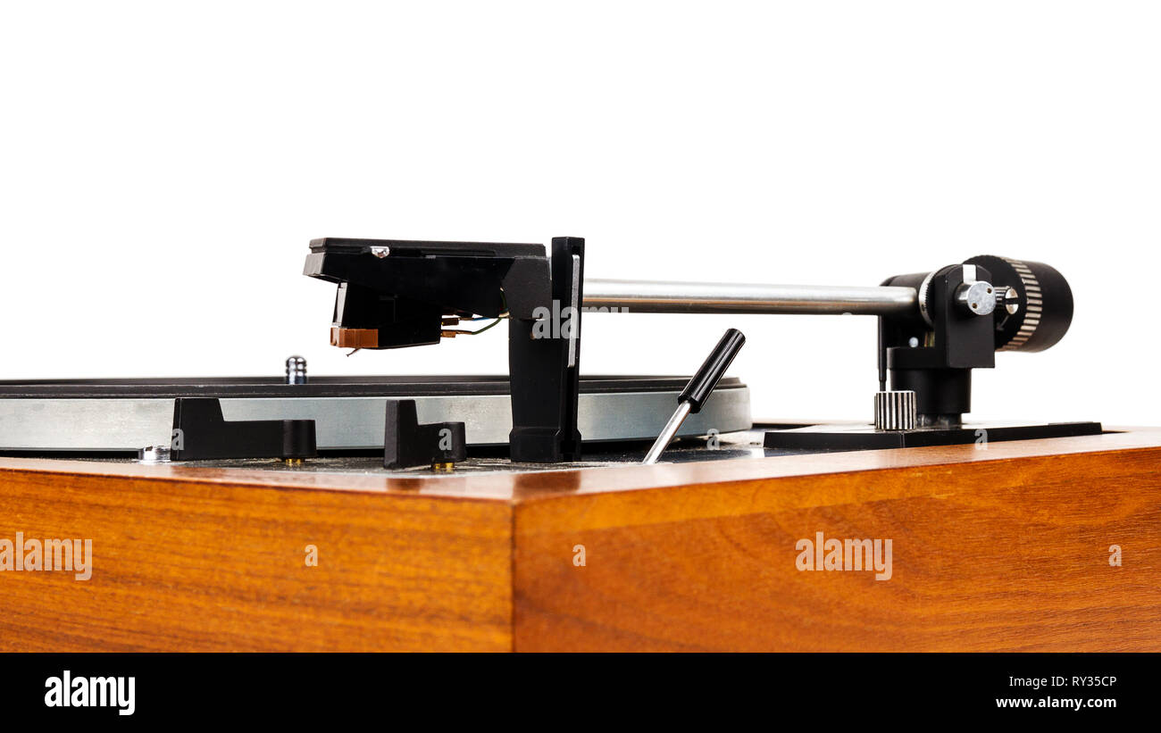 Close up of vintage turntable vinyl record player isolated on white ...