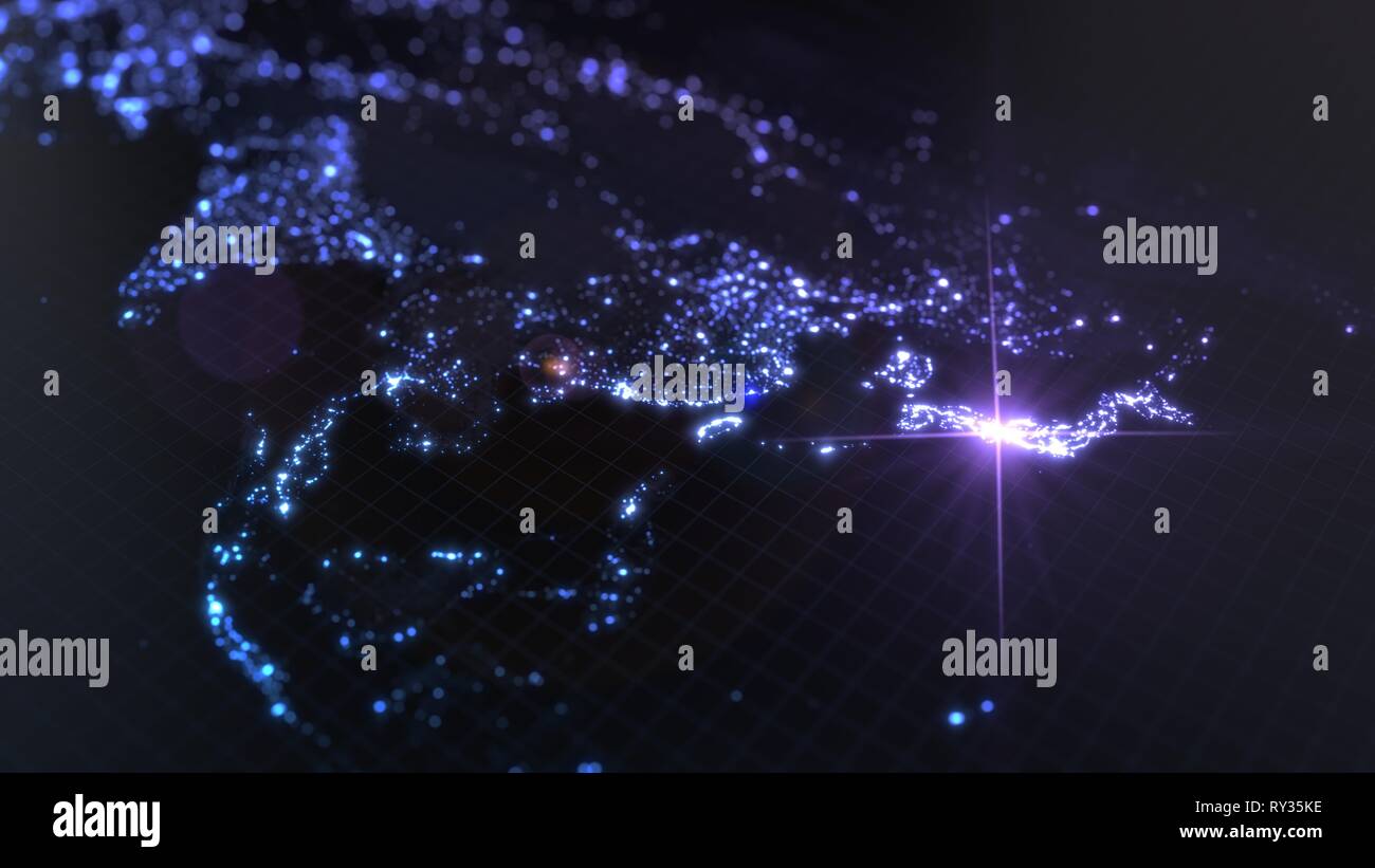 power of japan, energy beam on tokyo. dark map with illuminated cities ...