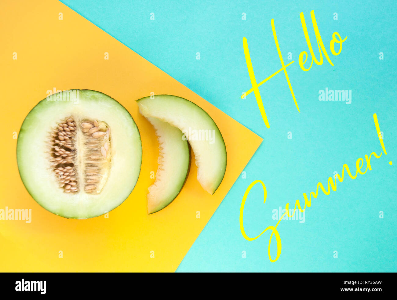Flat lay of sweet ripe melon and its slices on blue and yellow ...