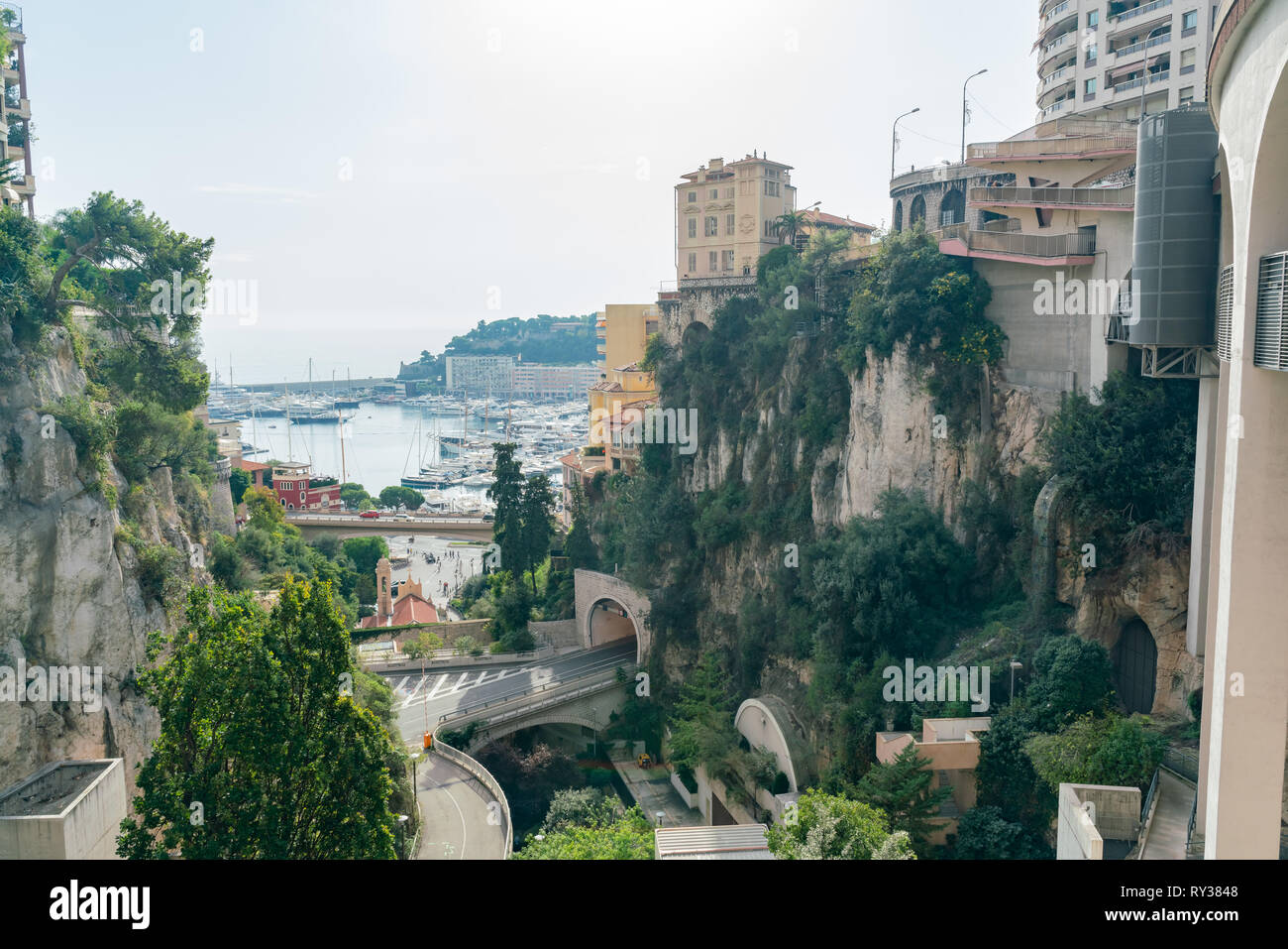 Monaco, OCT 21: Aerial view of the Monaco cityscape with tunnel and ...