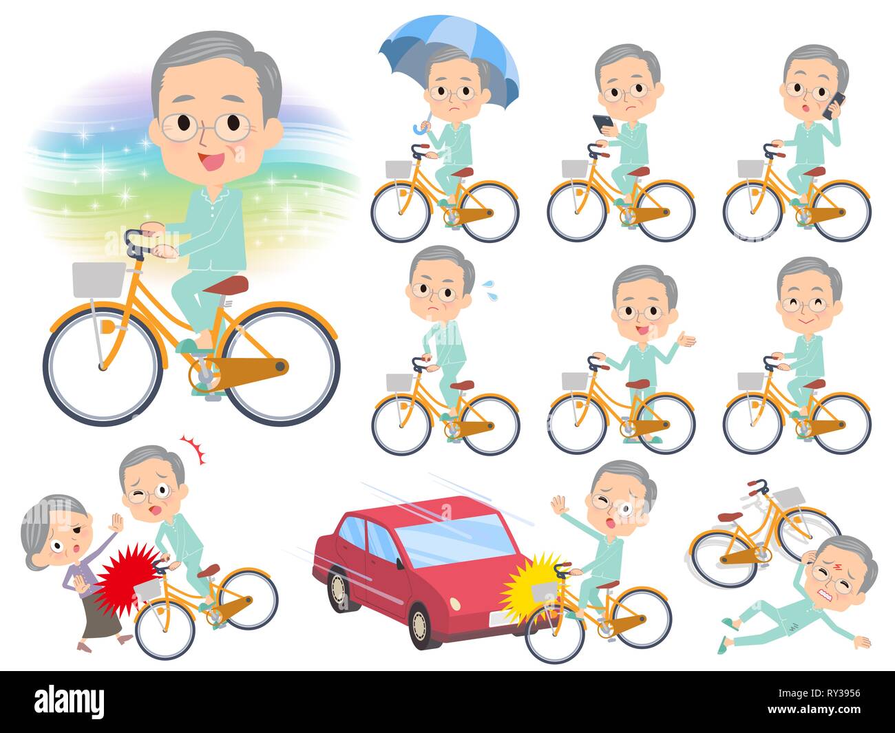 A set of patient old man riding a city cycle.There are actions on ...