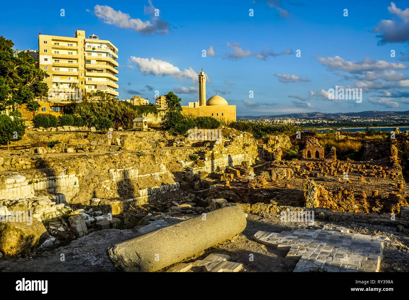 Tyre World Heritage Site Ruins with Mosque Mosaic Ground Cityscape ...