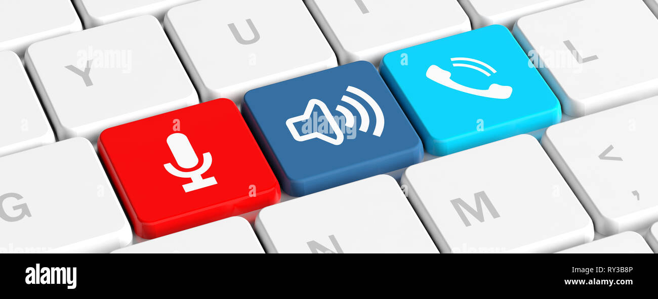 Call us concept. Key buttons with phone, sound and recorder signs on a ...