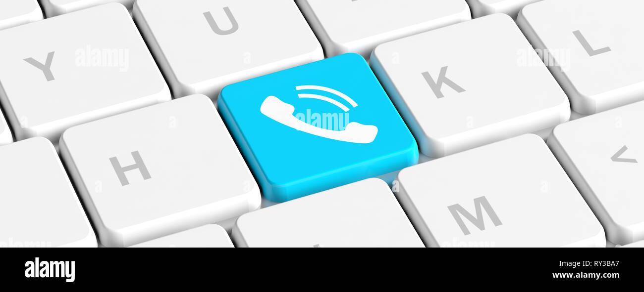 Call us concept. Blue key button with phone sign on a computer keyboard ...