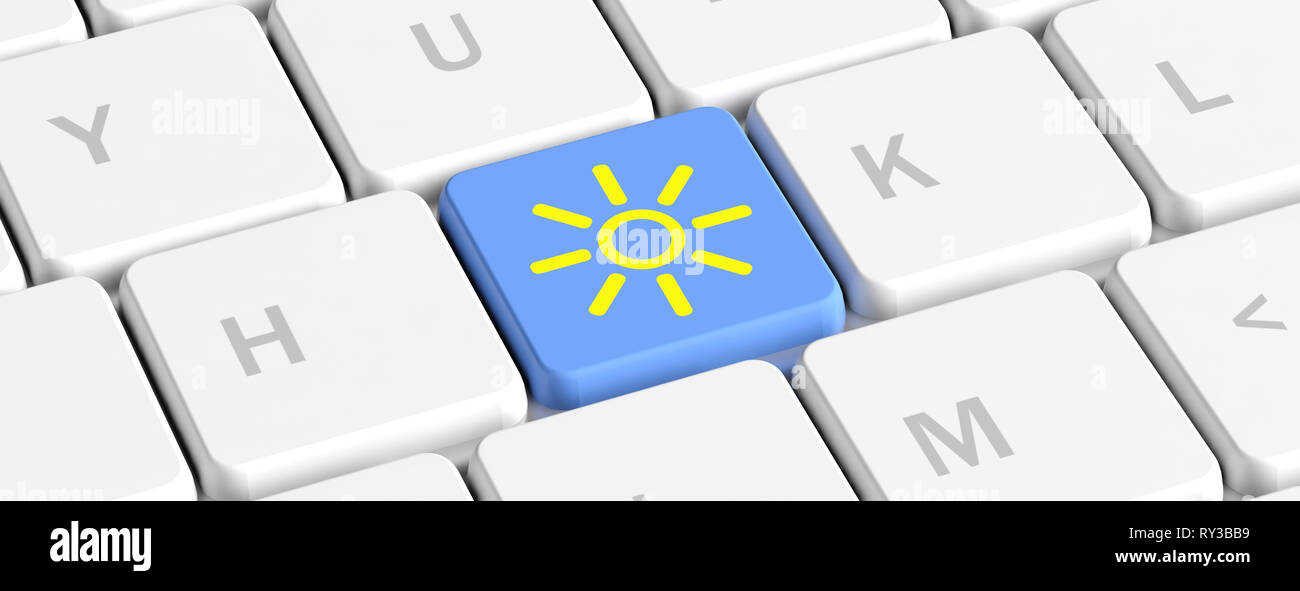 Weather forecast, sunny day concept. Blue key button with sun icon on a ...