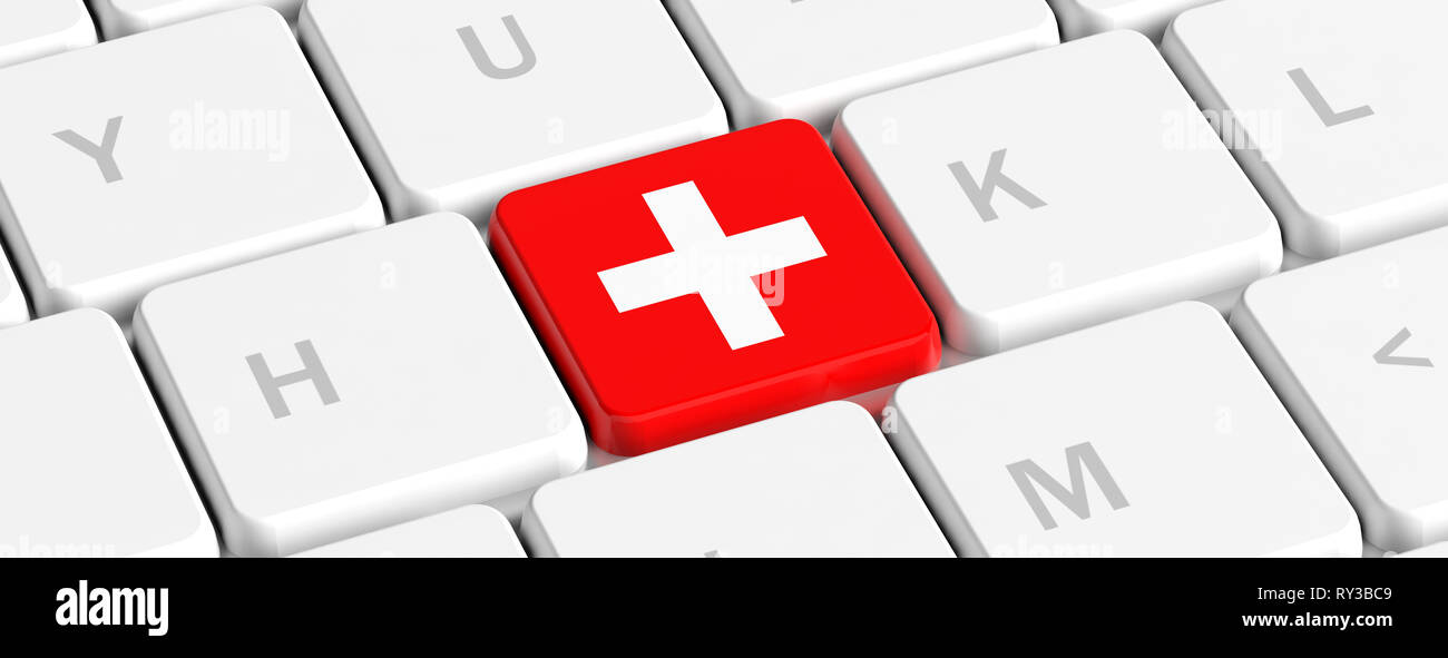 First aid, emergency concept. Red key button with white cross sign on a ...