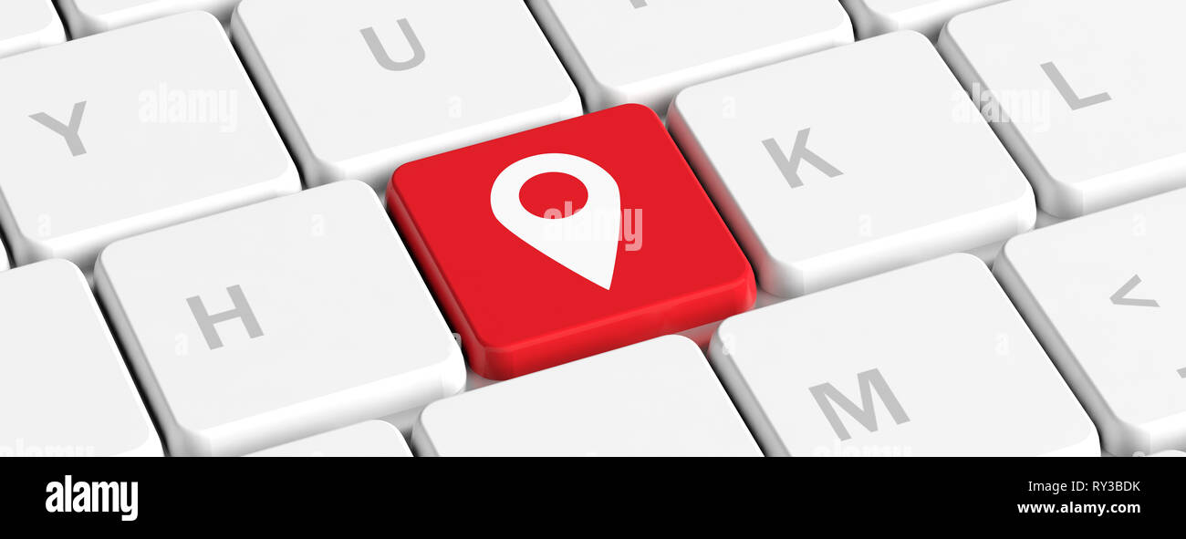 Map, location concept. Red key button with a pointer sign on a computer ...