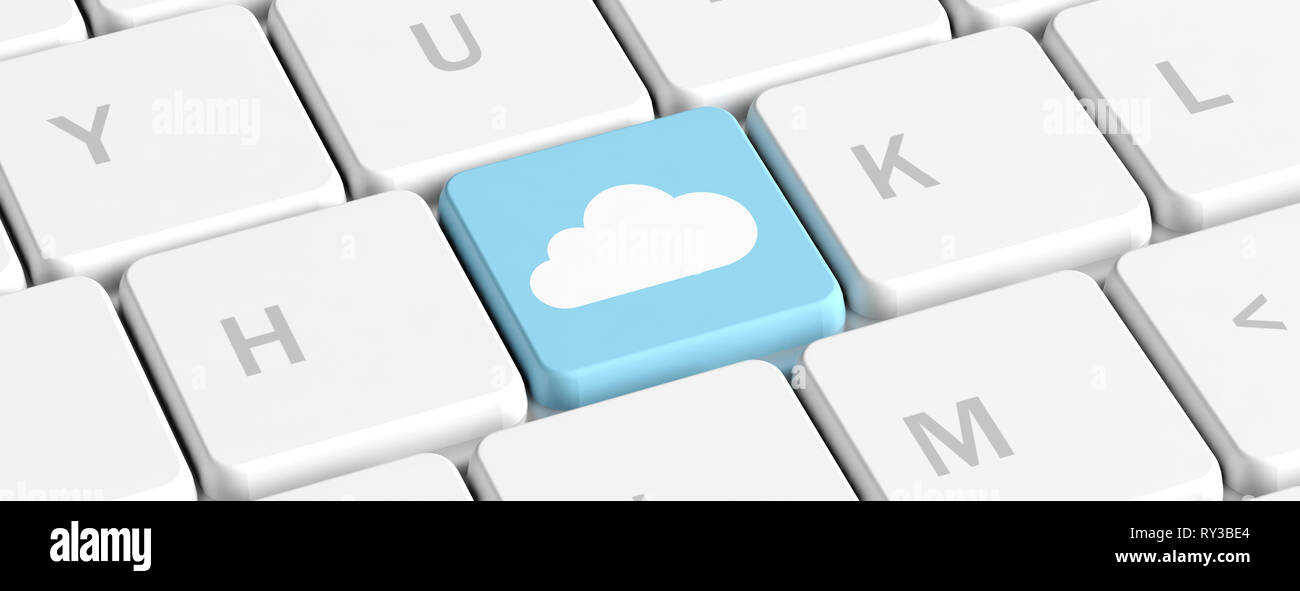 Cloud computing concept. Blue key button with a cloud on a computer ...