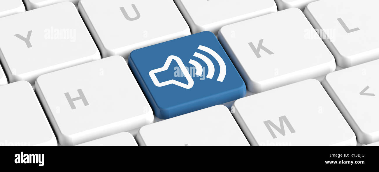 Sound, computer volume concept. Blue key button with a speaker on a ...
