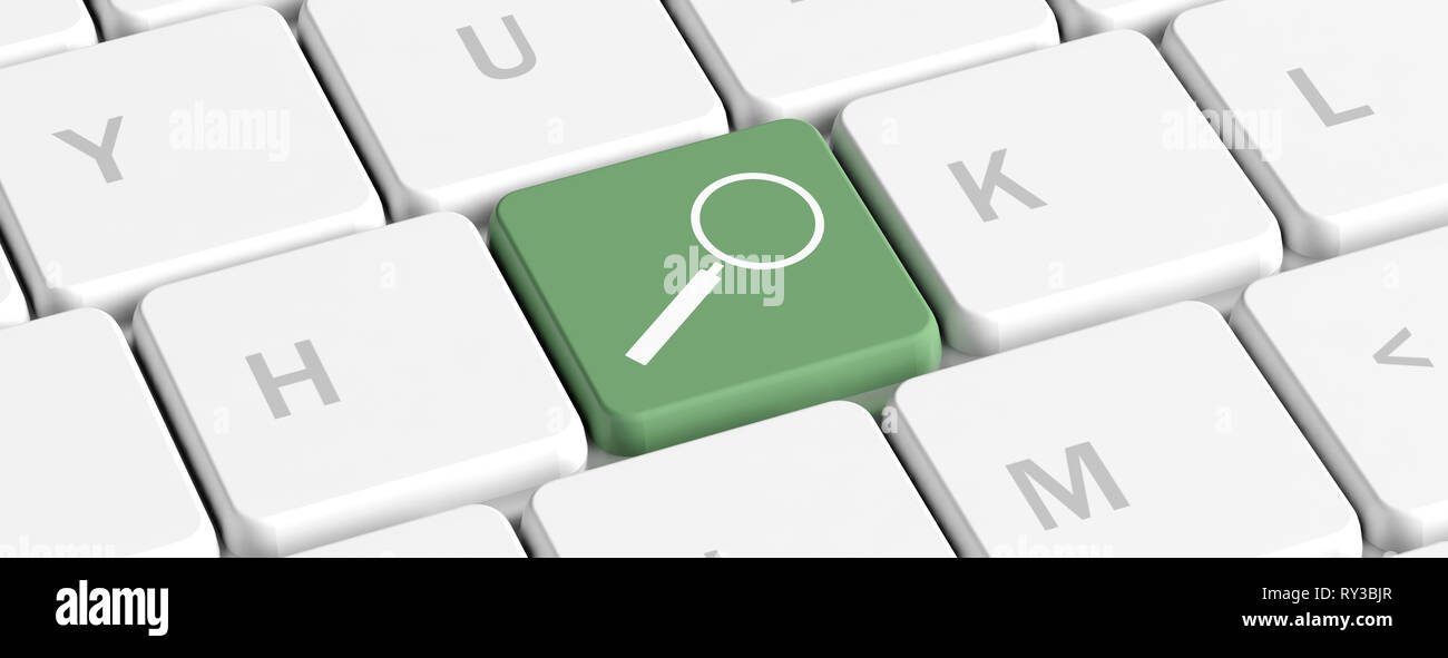 Search, computer key concept. Green key button with a magnifying glass ...