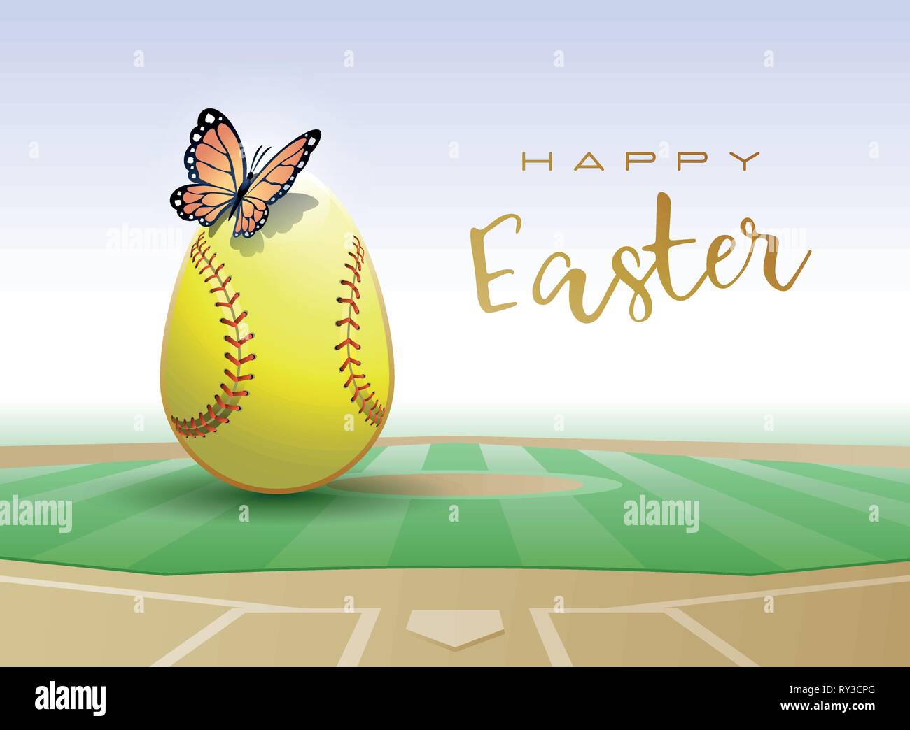 Happy Easter. Easter egg in the form of a softball ball with Butterfly ...