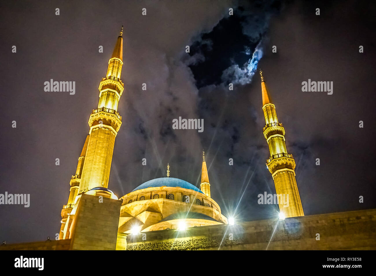 Beirut Mohammad Al Amin Mosque Illuminated Frontal View at Night Stock ...