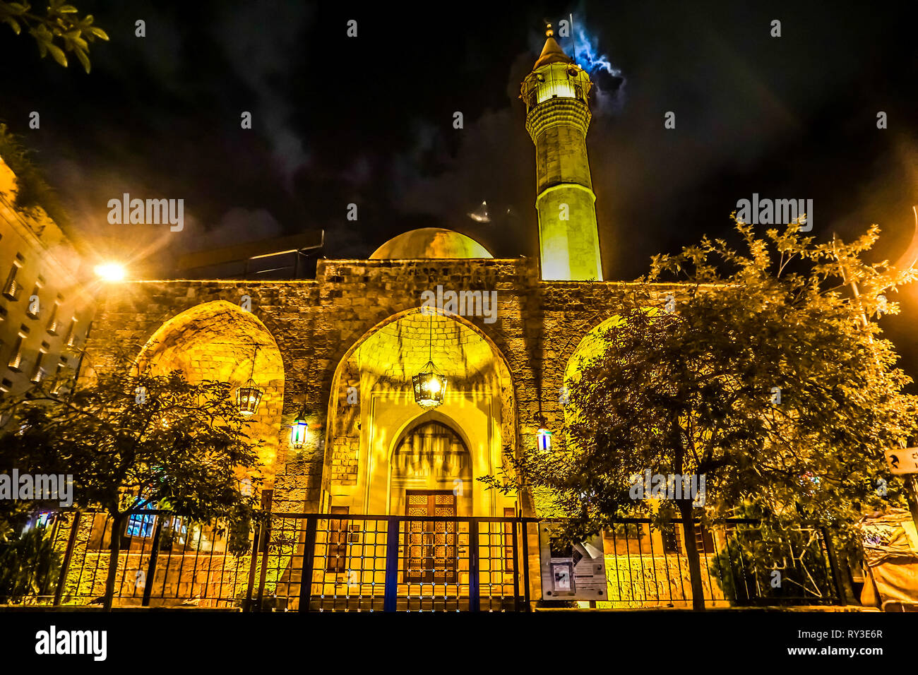 Beirut Al Omari Mosque Back View with Minarets at Night Stock Photo - Alamy